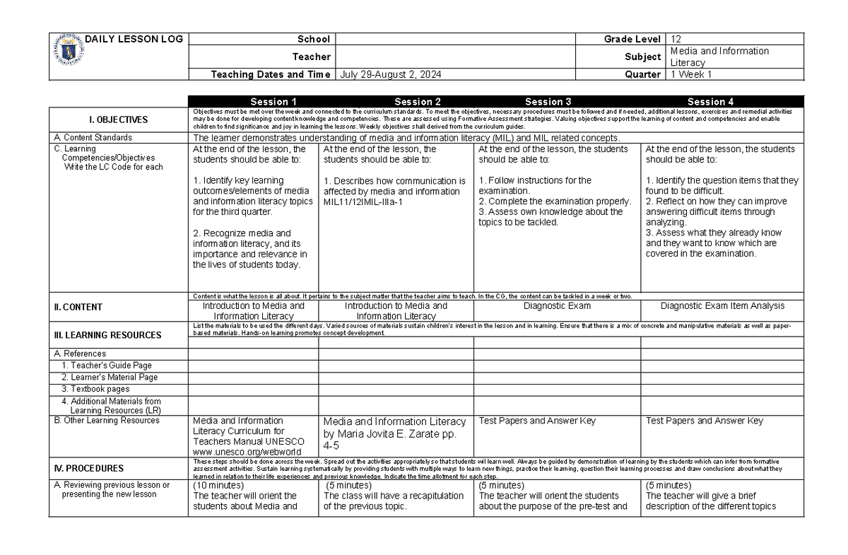 WEEK 1 - MIL - DAILY LESSON LOG School Grade Level 12 Teacher Subject ...