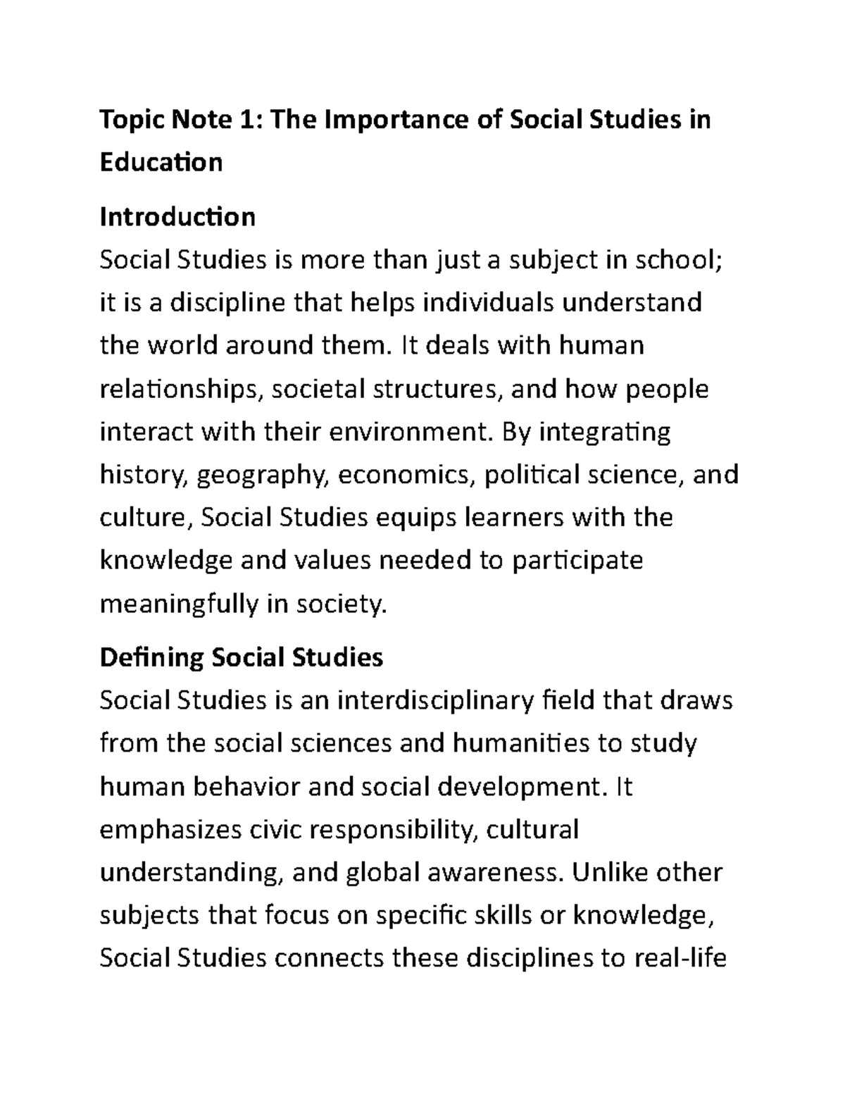 SOC 101: The Importance of Social Studies in Education - Studocu