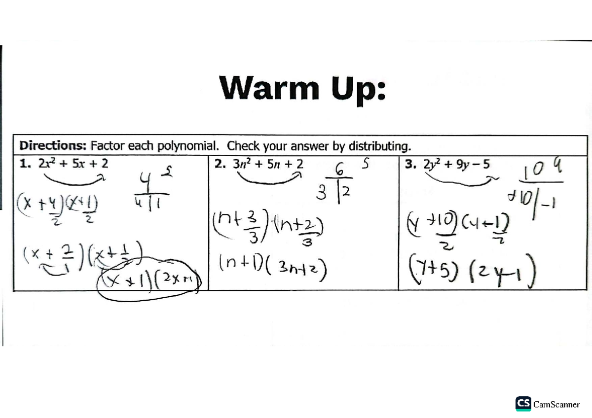 Factoring Practice - Warm Up: Directions: Factor each polynomial. Check ...