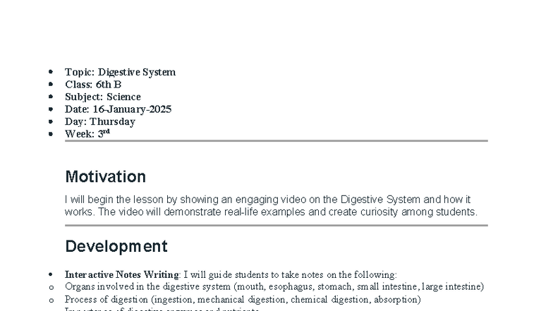Class 6D Science Lesson Plan: Digestive System Overview - Studocu