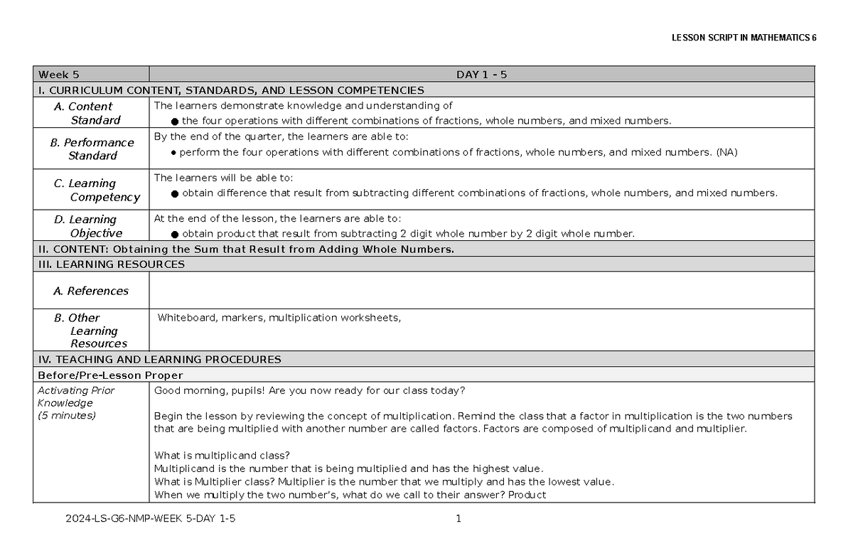 NMP LS-WEEK 5-GR6-Assignment: Teaching Multiplication Strategies - Studocu