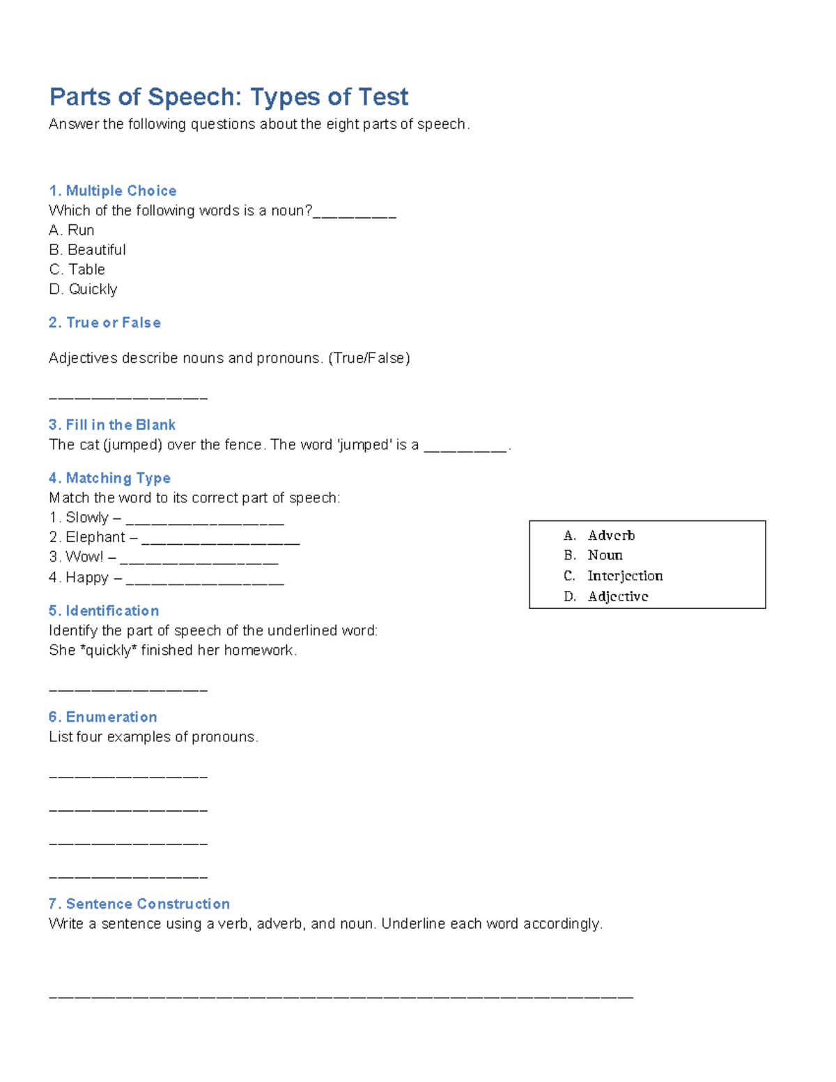 Parts of speech test - This just an example test - Parts of Speech ...