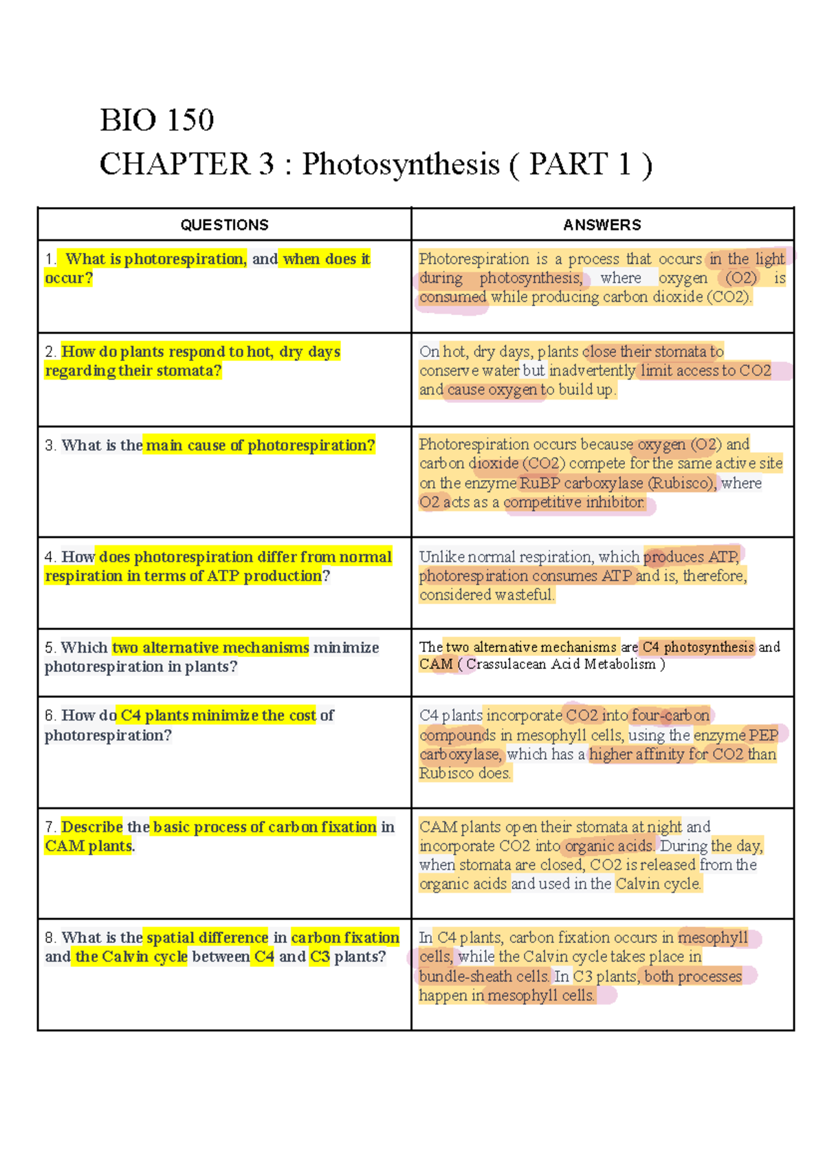 BIO 150 CHAPTER 3: Photosynthesis Q&A - Key Concepts & Mechanisms - Studocu
