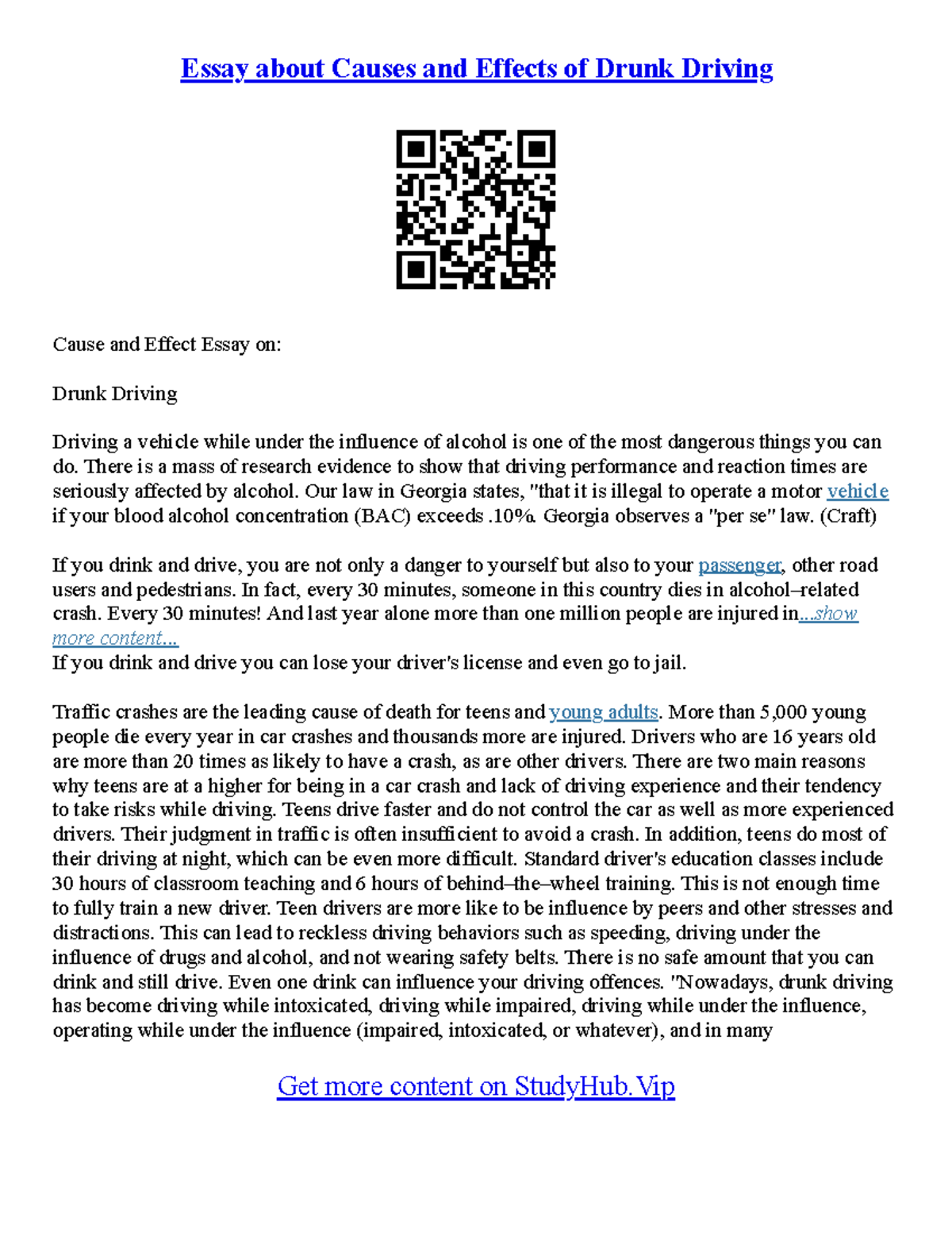 Drunk Driving Essay Outline & Analysis: Causes and Effects - Studocu