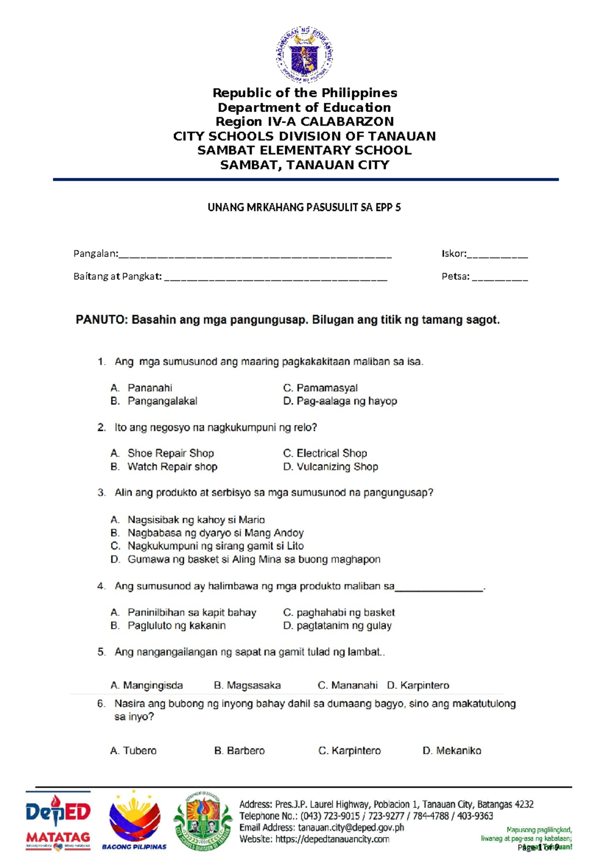 Q1 PT EPP 5 ICT - Preliminary Assessment & Answer Key - Studocu