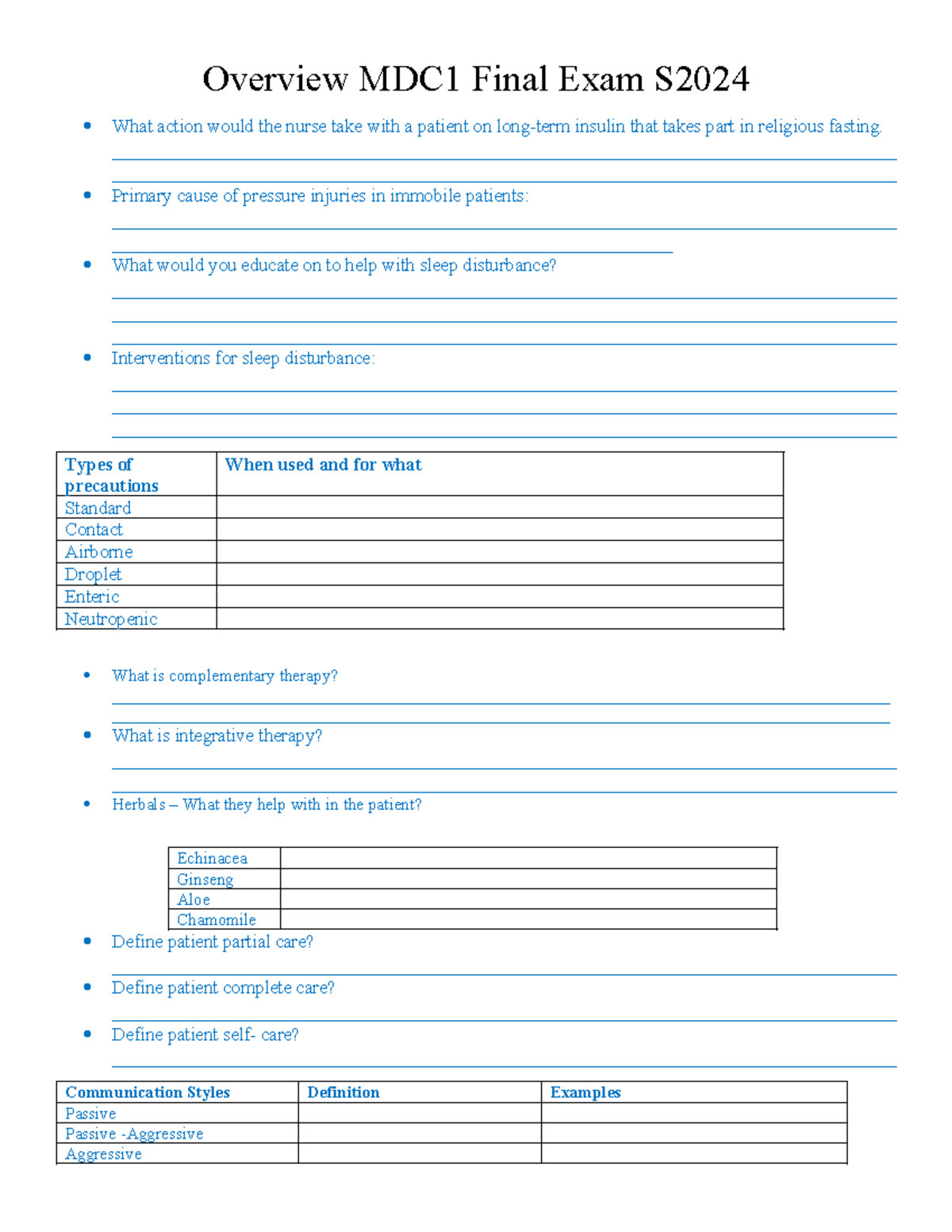 Overview MDC 1 Final Exam Summer 2024 - Overview MDC1 Final Exam S What action would the nurse ...
