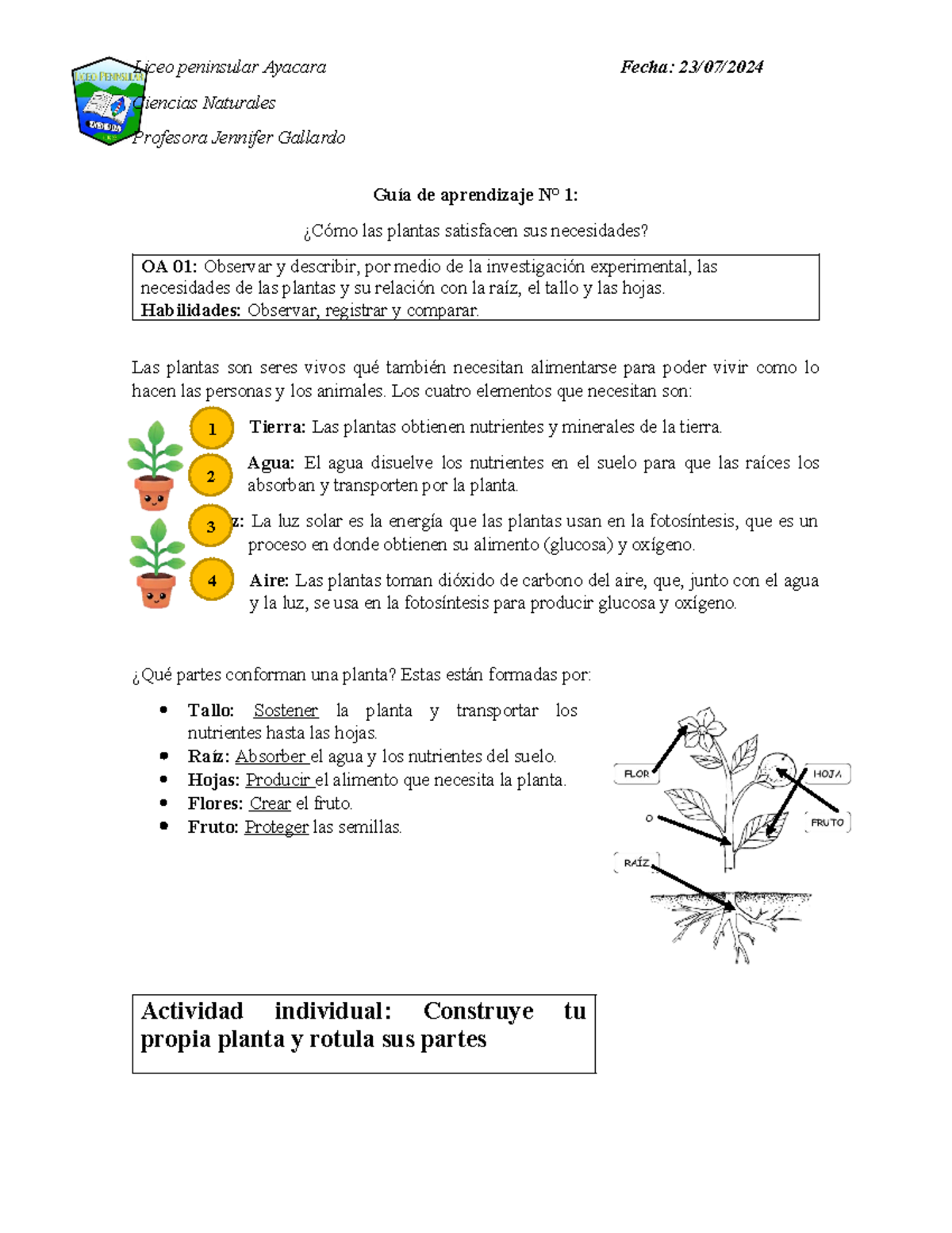 Guía de Aprendizaje N° 1: Necesidades de las Plantas - Clase 1 - Studocu