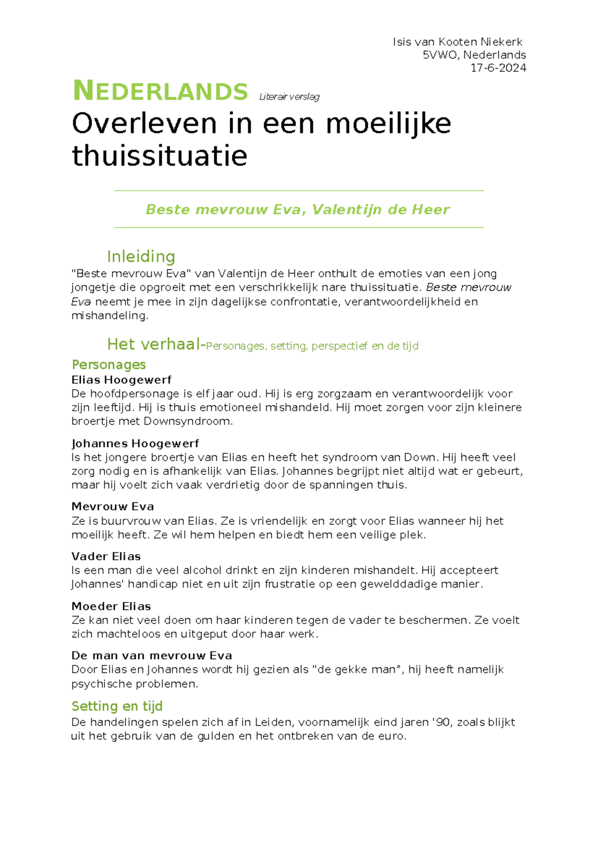 Literair Verslag: "Beste Mevrouw Eva" van Valentijn de Heer (5VWO ...