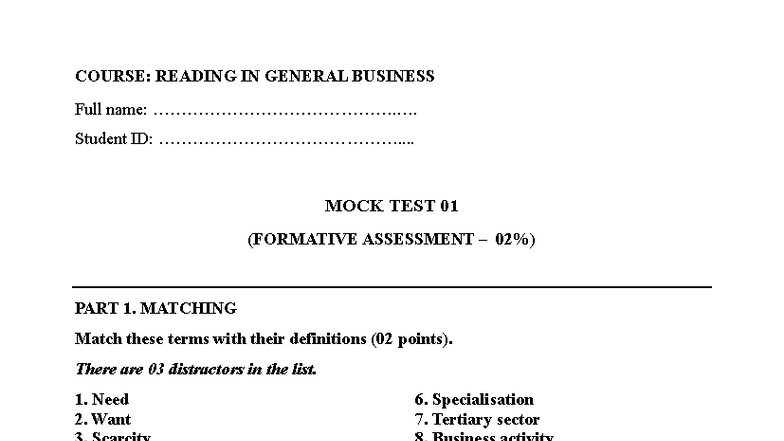 MOCK TEST 01 - Reading in General Business (Formative Assessment) - Studocu