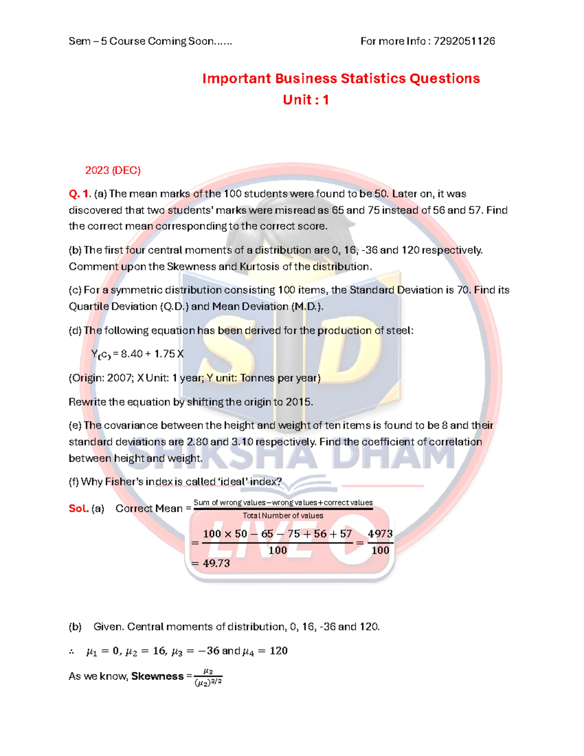 Sem 5 Business Statistics Unit 1 Important Notes (2023) - Studocu