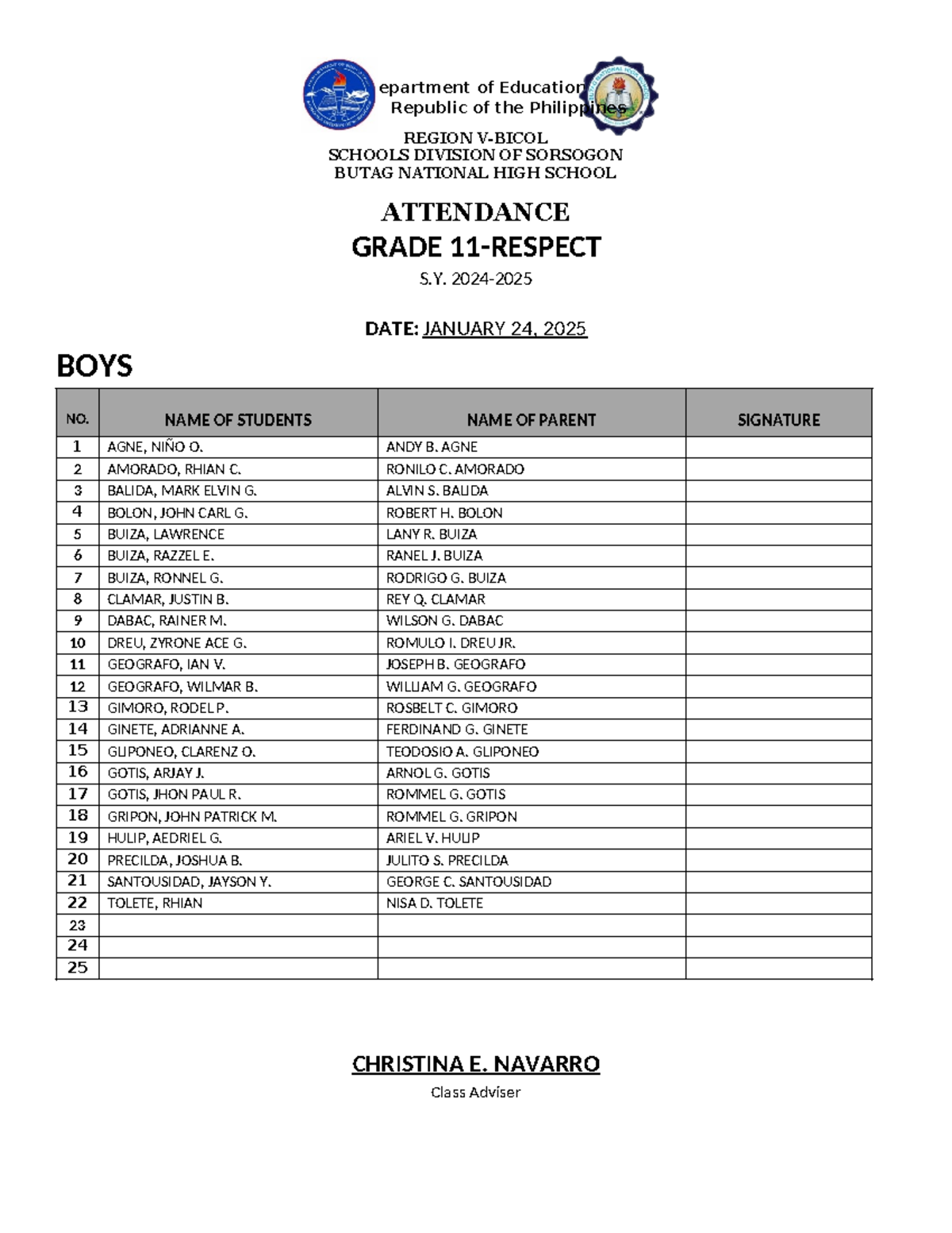 Grade 11-Respect Attendance Sheet - January 24, 2025 - Studocu