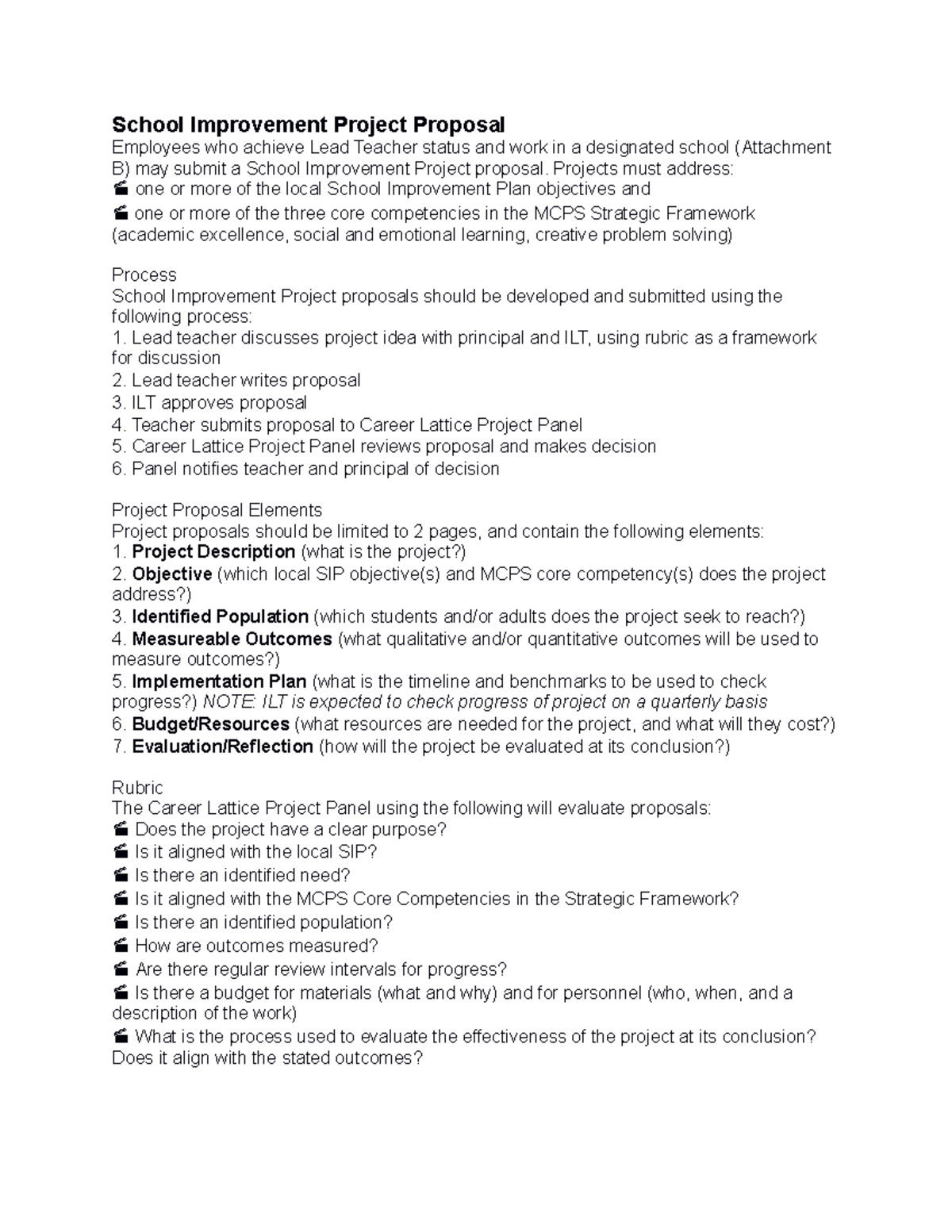 MCPS School Improvement Project Proposal Guidelines and Process - Studocu