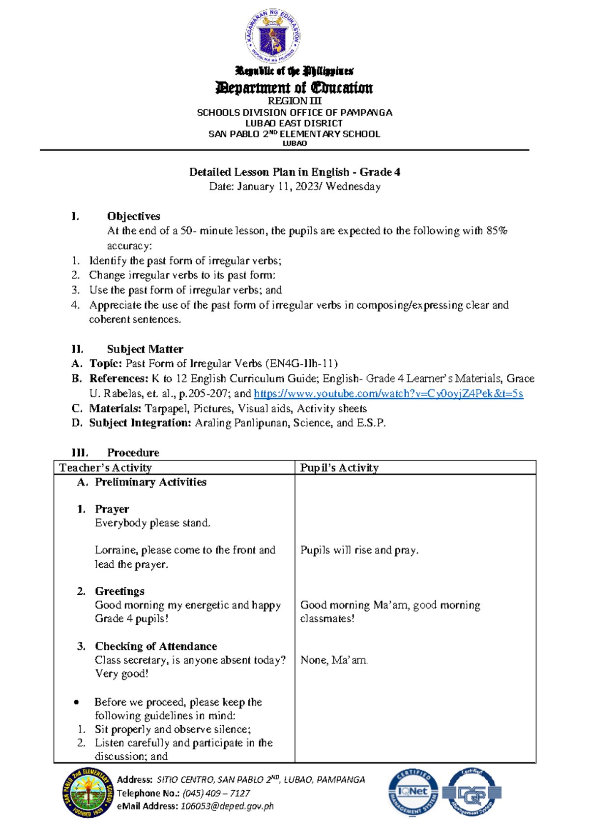 Detailed Lesson Plan: Past Form of Irregular Verbs - English 4 - Studocu