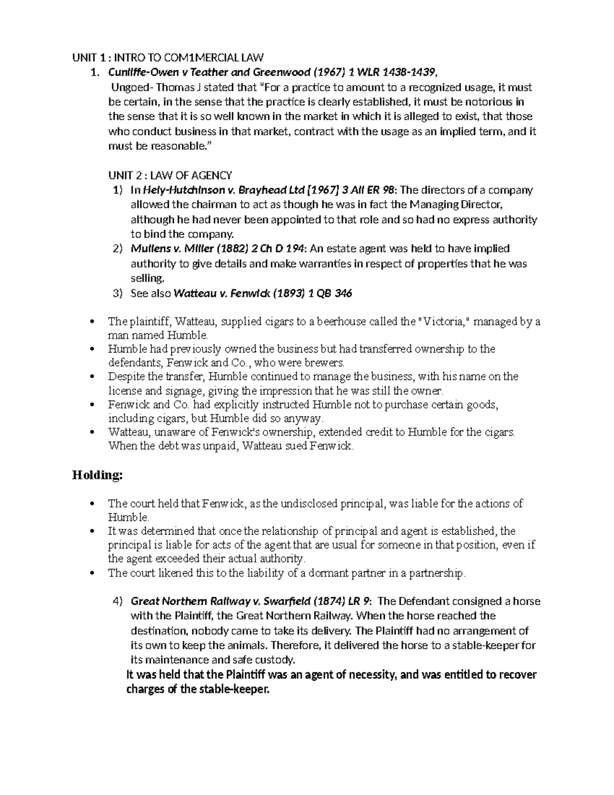 Commercial Law Cases: Unit 1-4 Overview and Key Principles - Studocu