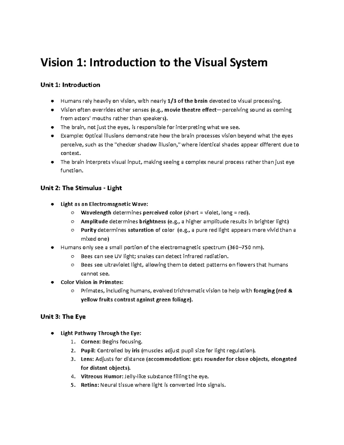 Unit 5- Vision 1 and 2 - Vision 1: Introduction to the Visual System ...