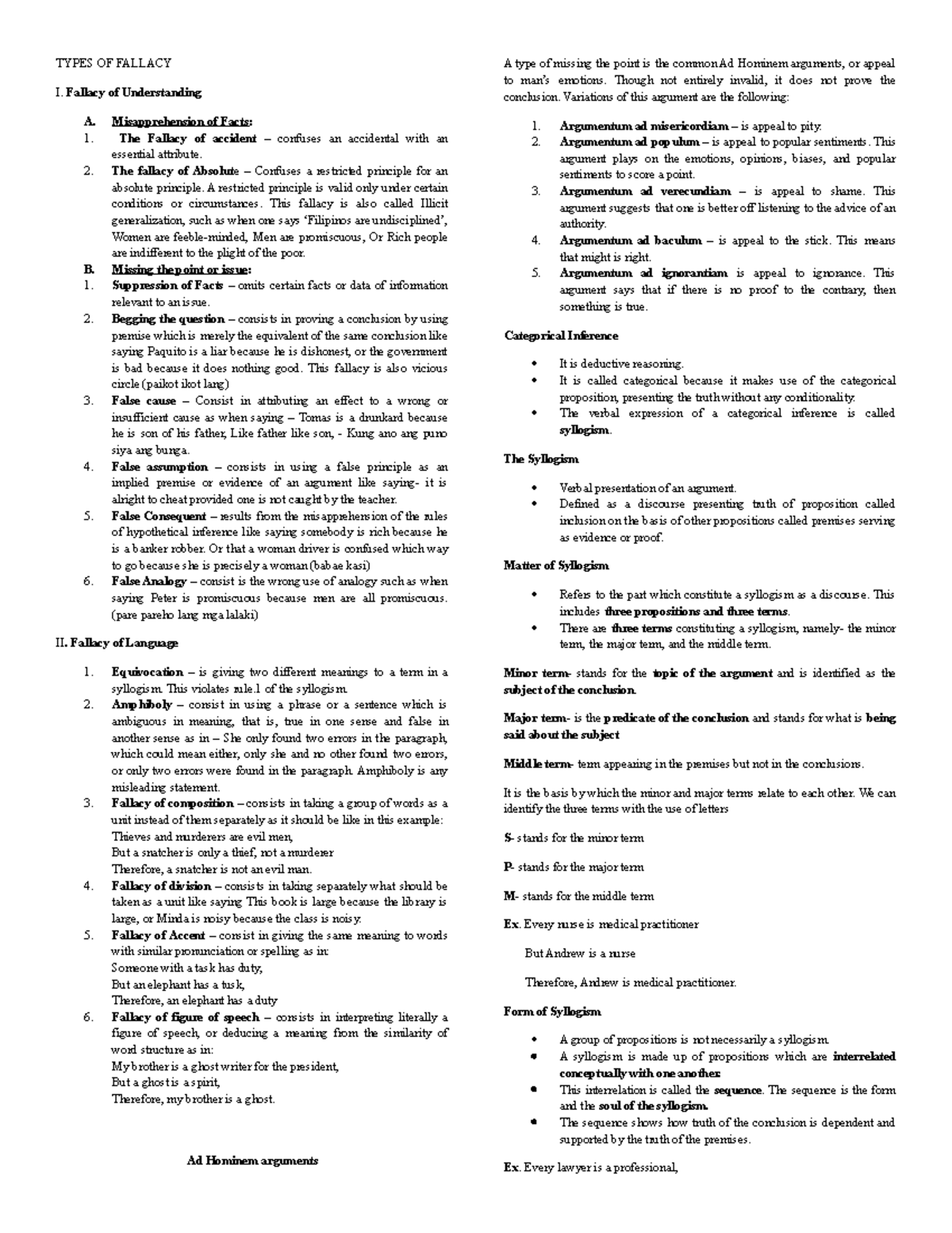 REVIEWER FOR LOGIC: TYPES OF FALLACIES AND SYLLOGISMS - Studocu