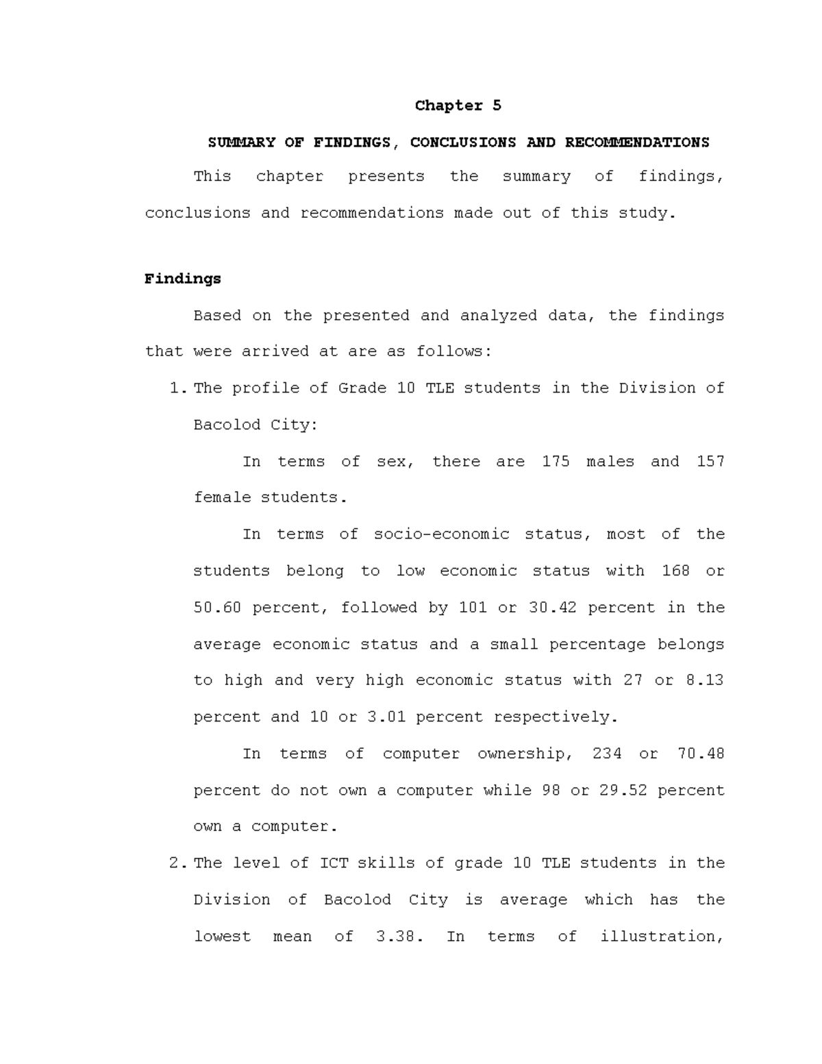 Chapter-5 research for grade 10 - Chapter 5 SUMMARY OF FINDINGS ...