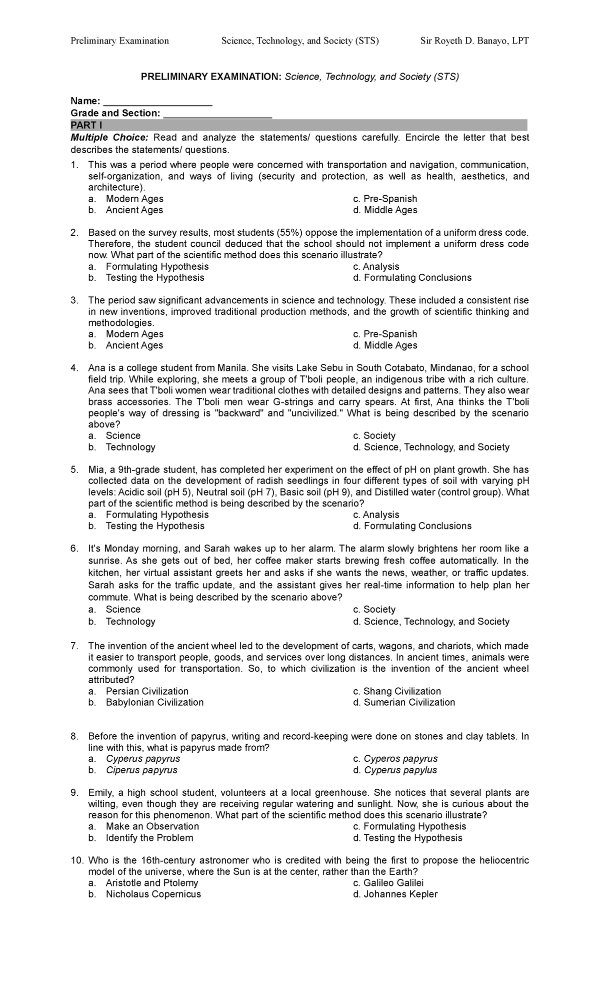 Preliminary Examination: Science, Technology, and Society (STS) Set-A - Studocu