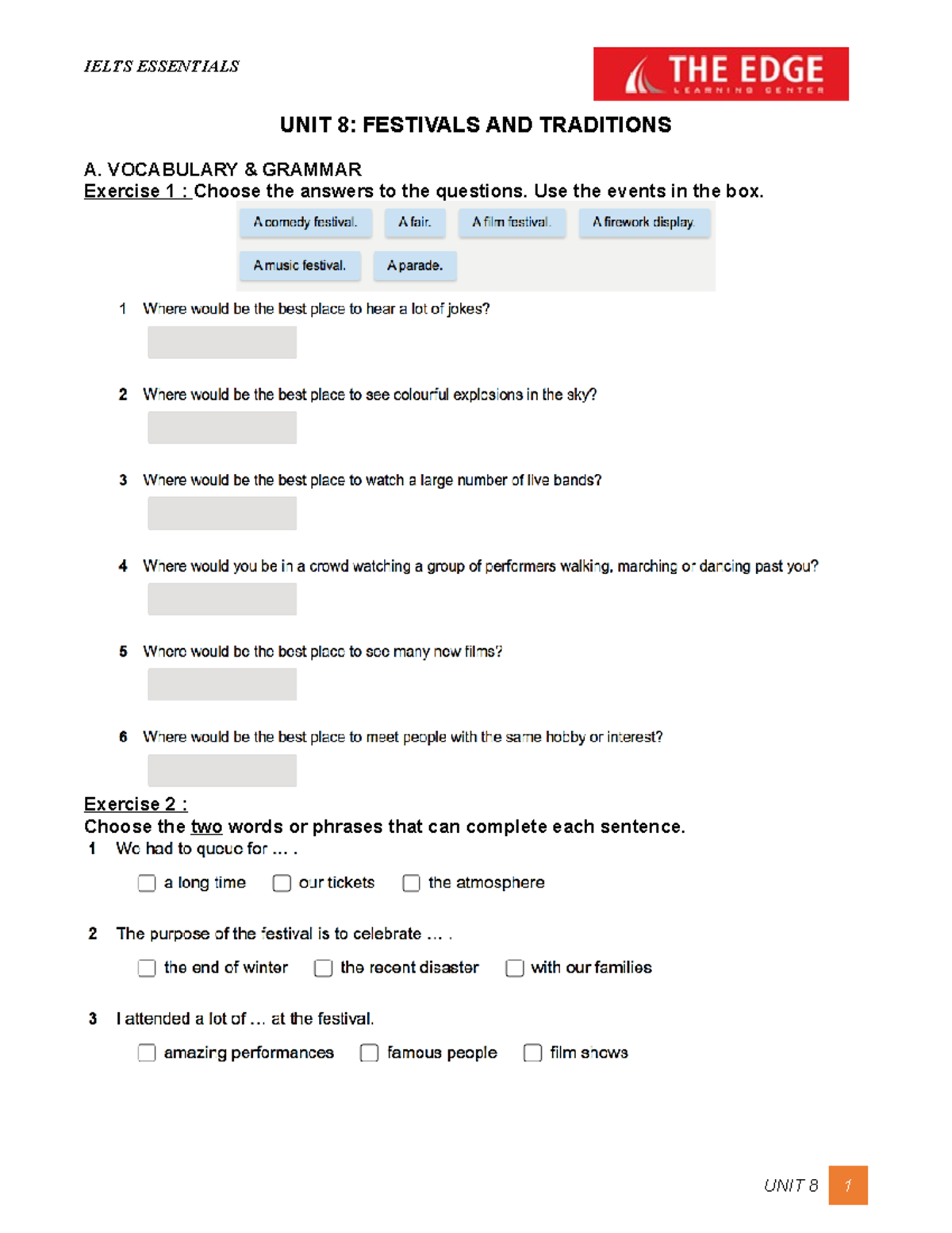 UNIT 8 - Festivals and Traditions: Vocabulary & Grammar Exercises - Studocu