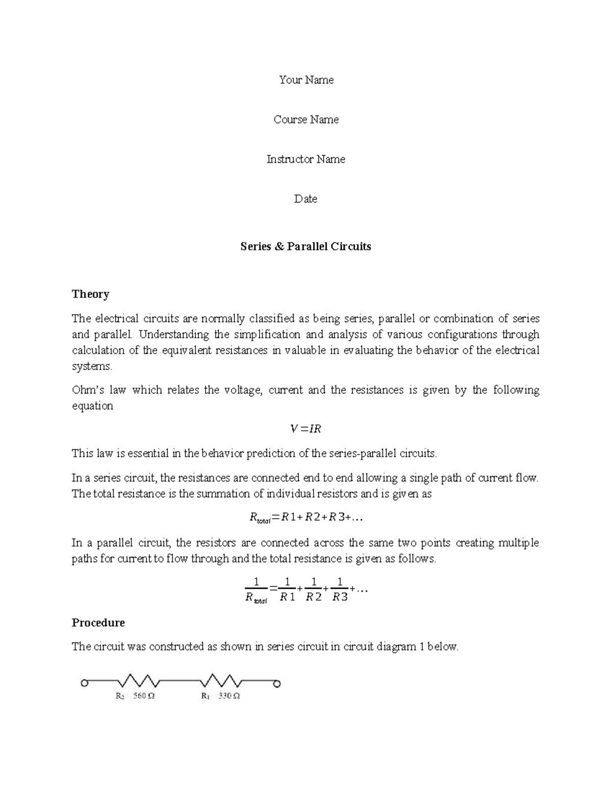 Series and Parallel Circuits Analysis - Lab Report (Course Code) - Studocu