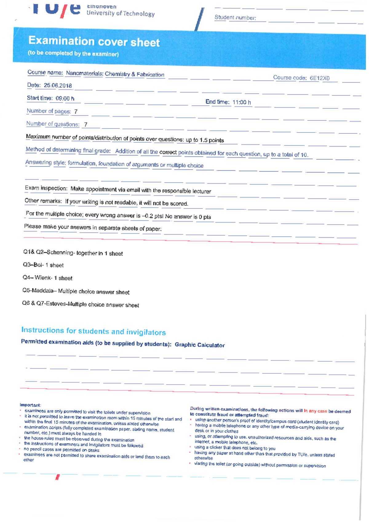 Nanomaterials Exam (6E12X0) - Cover Sheet & Instructions - Studeersnel
