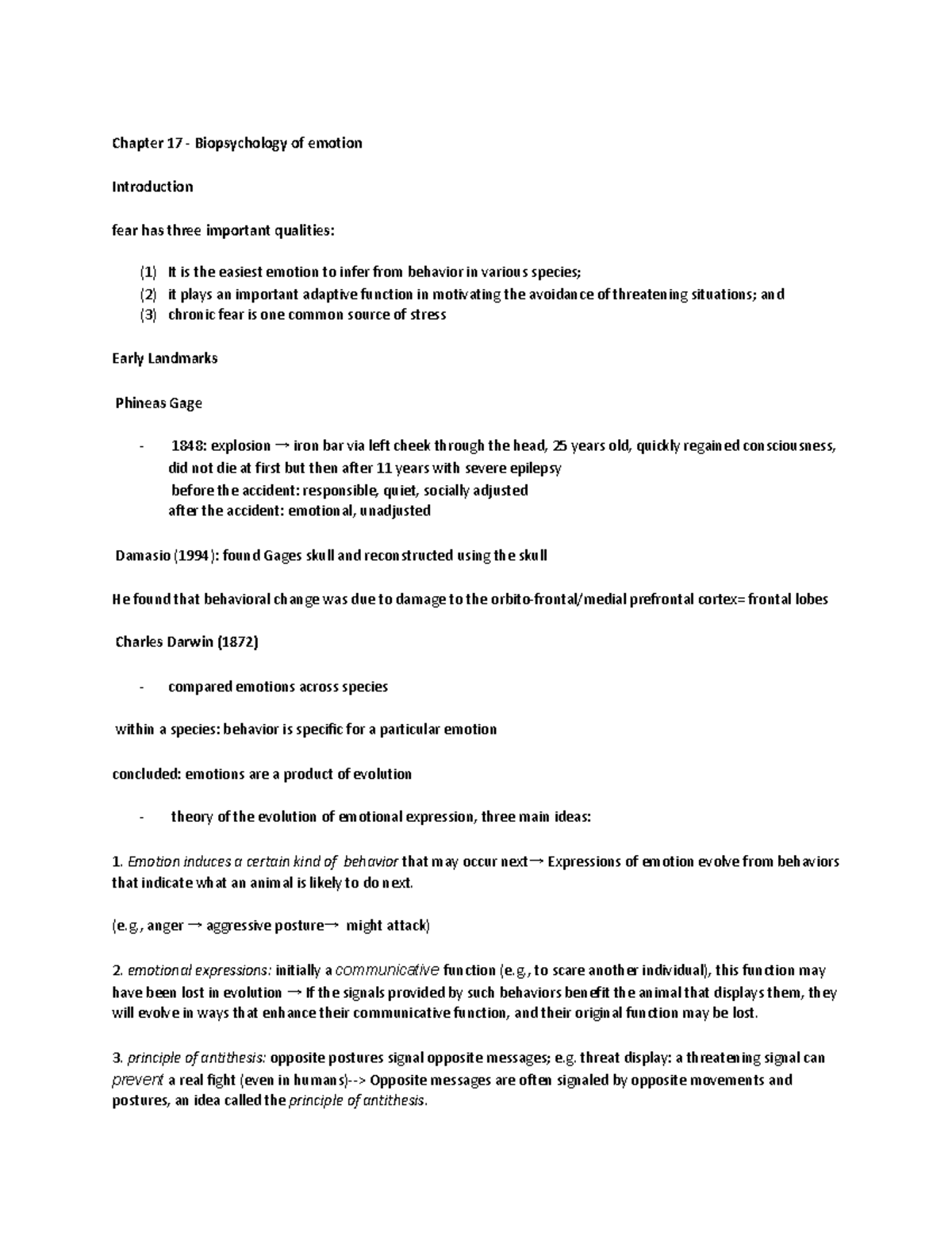 Ch 17 & 18 Biopsychology: Emotional Responses and Theories - Studeersnel