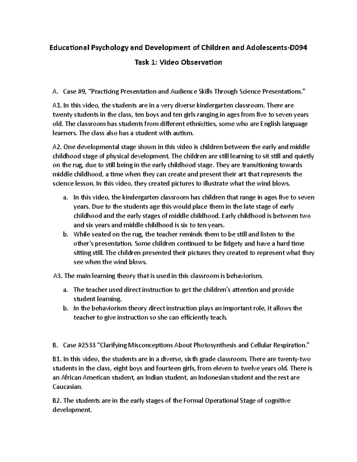 D094 Task 1 Video Observation - Educational Psychology and Development ...