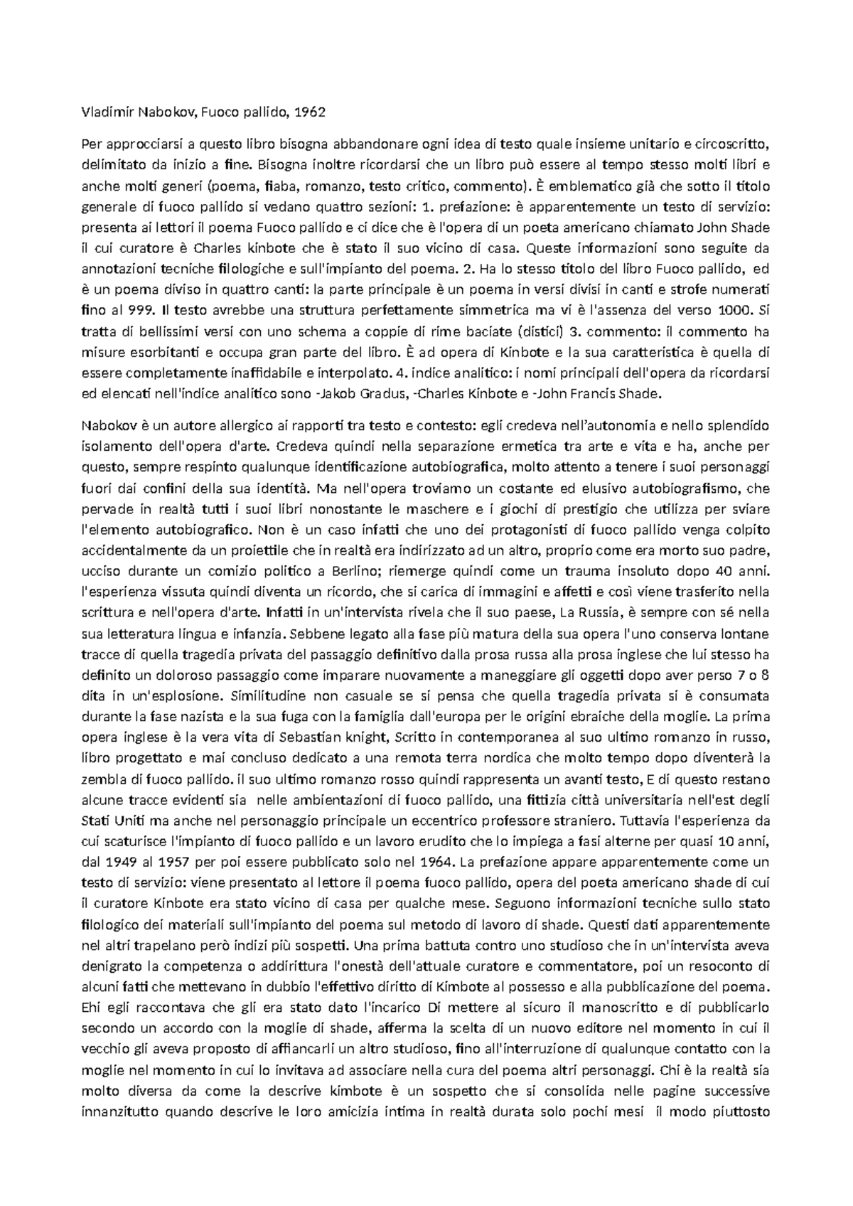 Vladimir Nabokov - Riassunto Saggio su "Fuoco Pallido" (1962) - Studocu