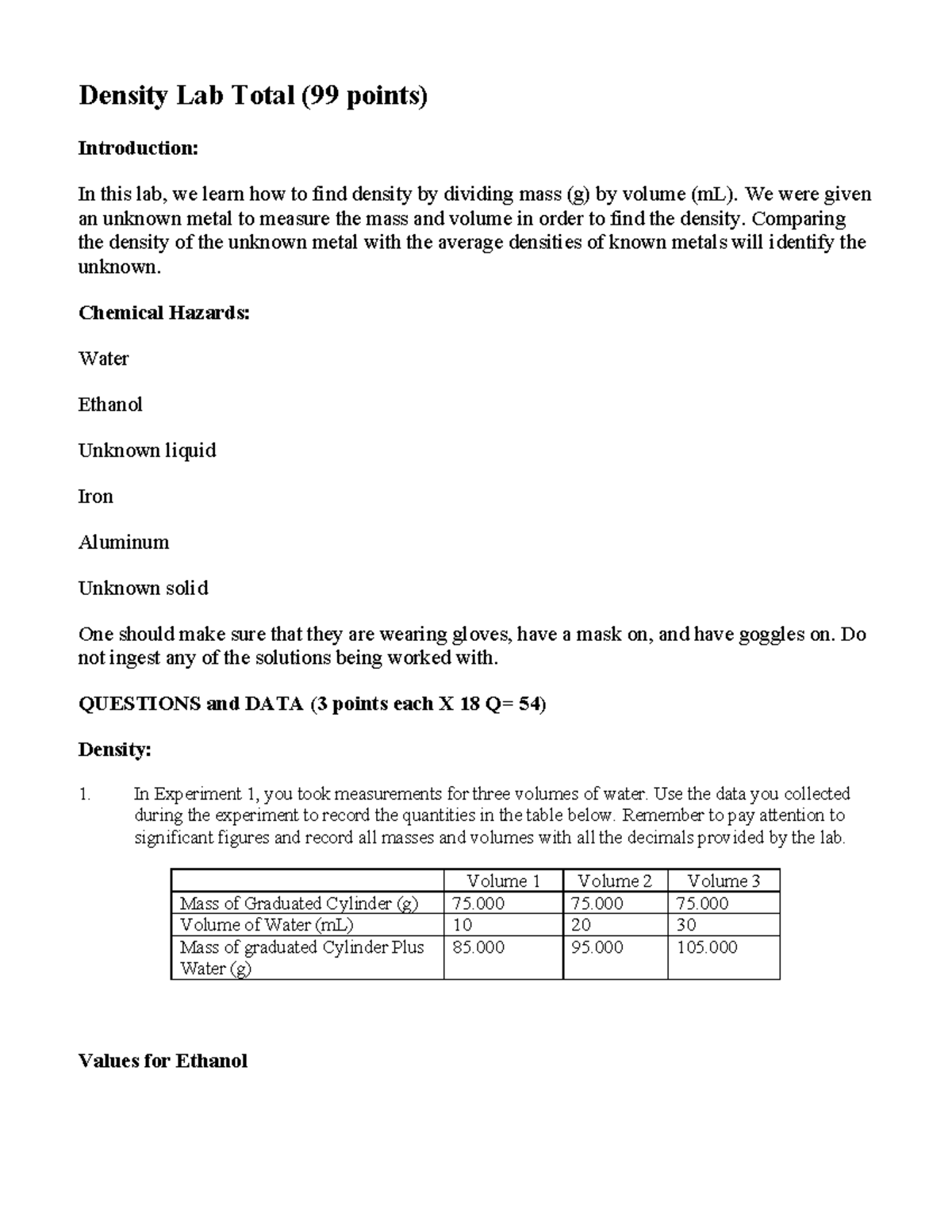 Density Lab - We were given an unknown metal to measure the mass and ...