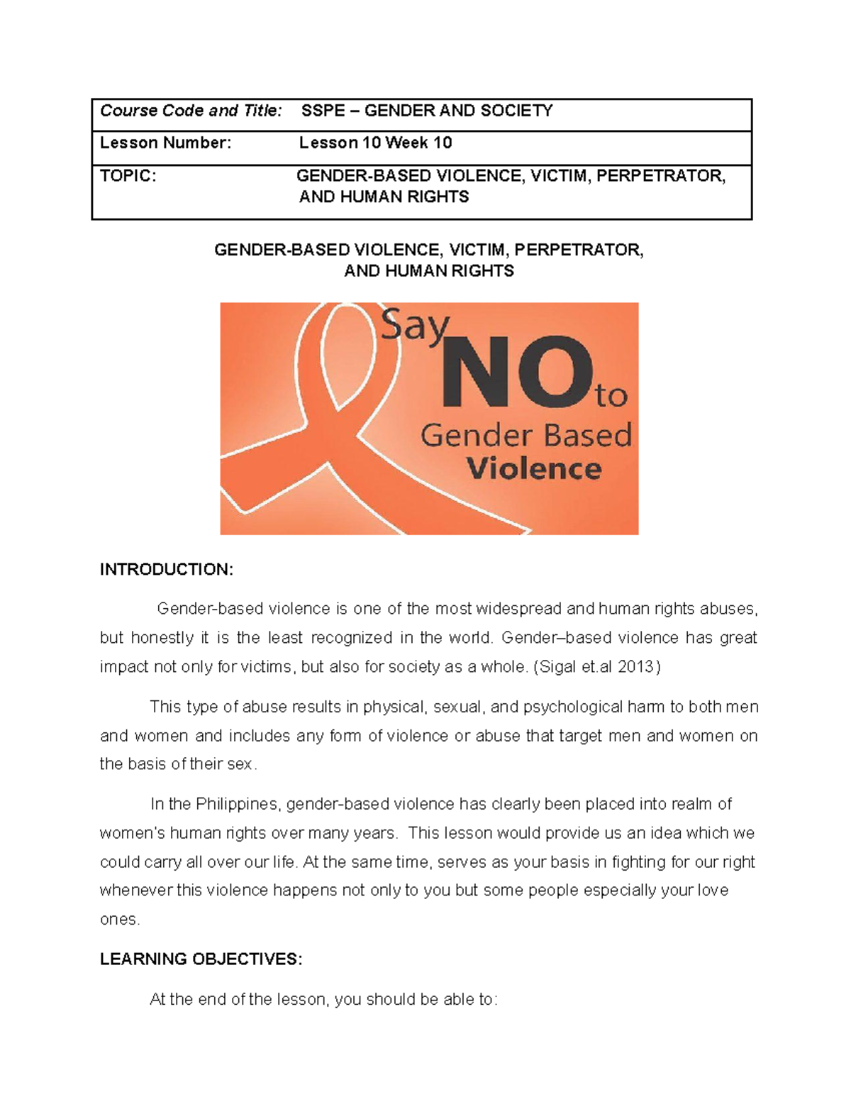 Lesson 10 Week 10 - Gender-Based Violence, Victim, Perpetrator, and ...