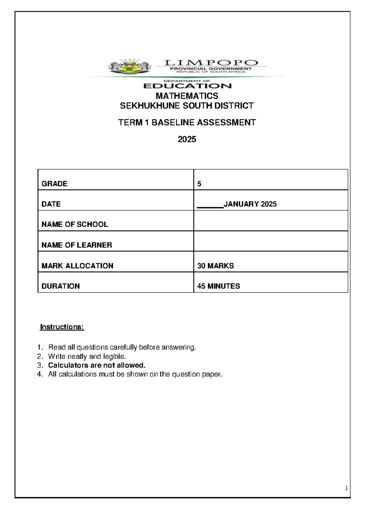 Grade 5 Mathematics Baseline Assessment - Term 1 2025 - Studocu