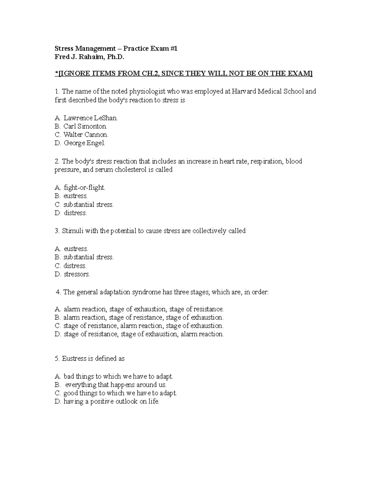 Stress MGT, 2018 - Practice Exam #1 - Stress Management – Practice Exam ...