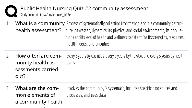Public Health Nursing Quiz: Community Assessment Study Guide (22) - Studocu
