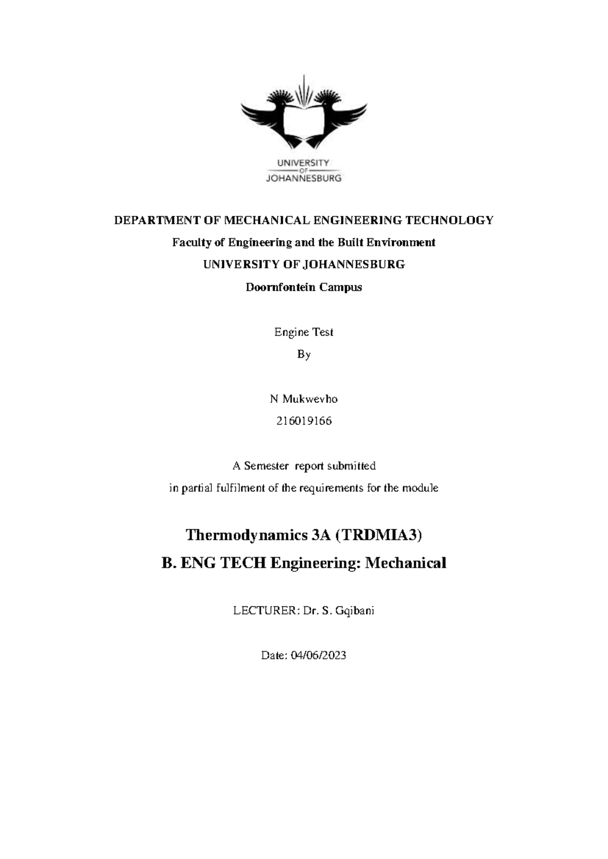 Engine test lab - lab - DEPARTMENT OF MECHANICAL ENGINEERING TECHNOLOGY ...