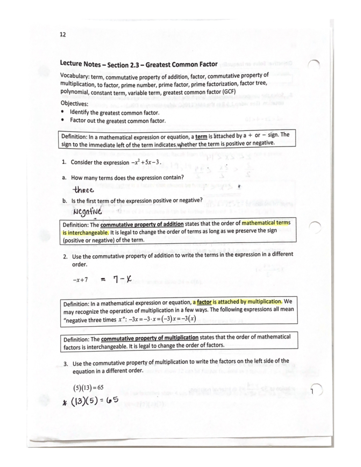 Lecture Notes - Section 2.3 - Greatest Common Factor - Factor out the ...