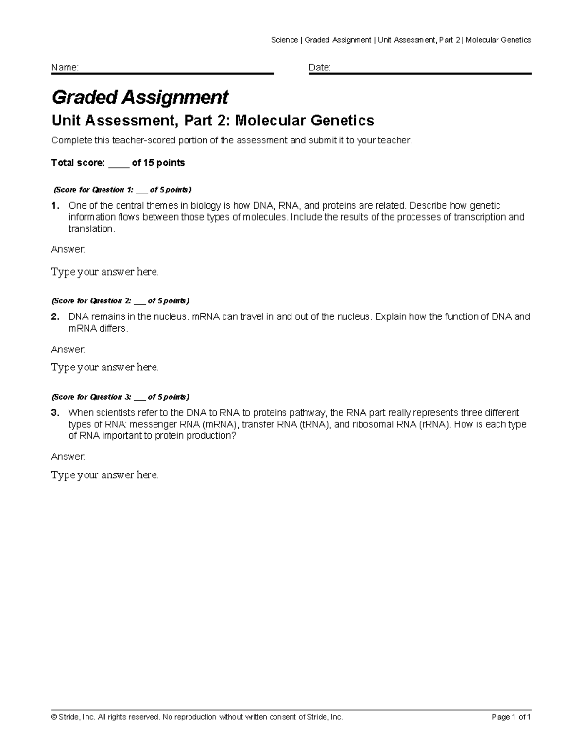 Science Graded Assignment: Molecular Genetics (Unit Assessment Part 2 ...