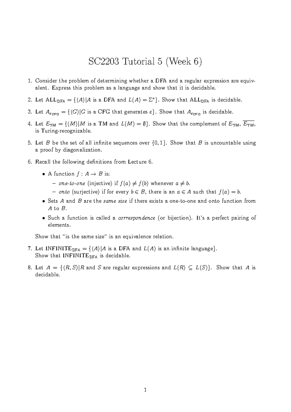 SC2203 Tutorial 5: Decidability in Automata Theory - Studocu