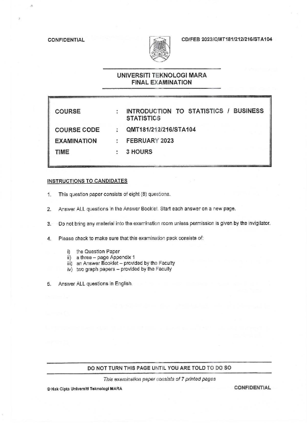 STA104 Final Exam February 2023 - Introduction to Statistics Past Paper ...
