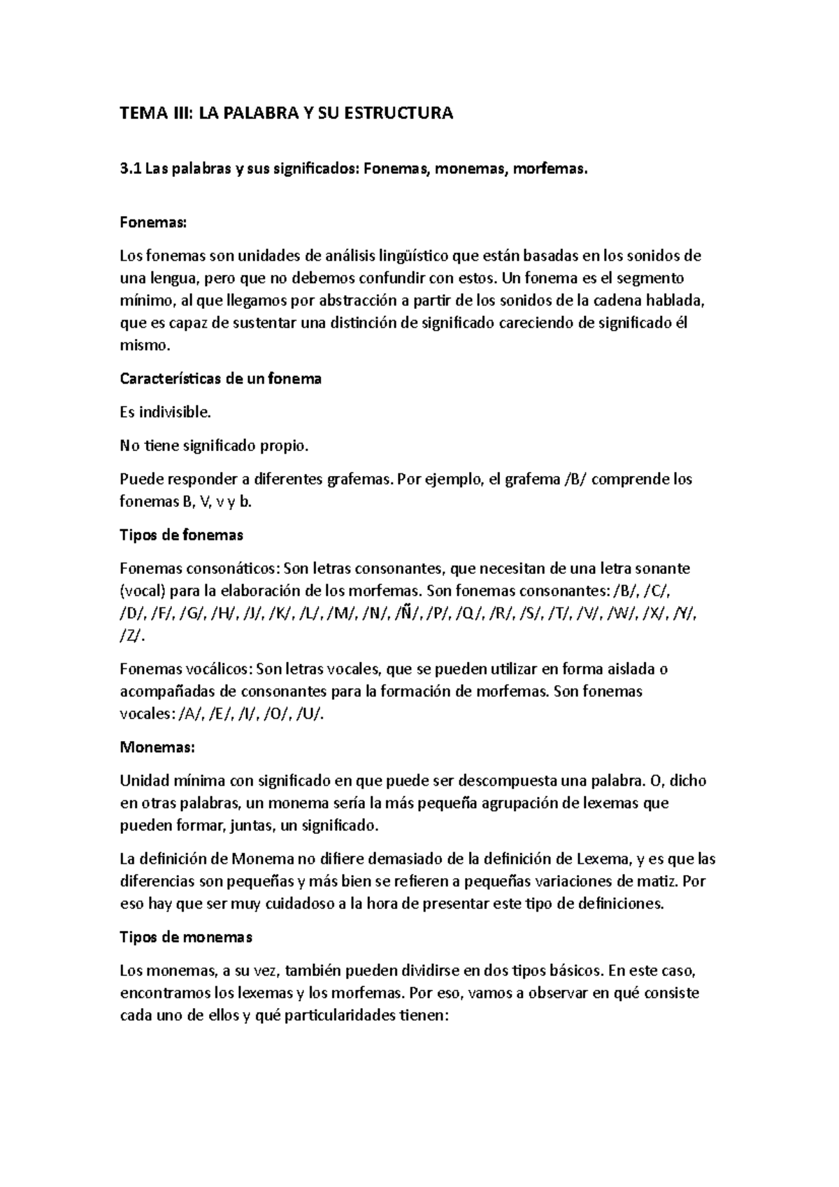 TEMA III: Estructura de La Palabra - Fonemas y Monemas en Detalle - Studocu