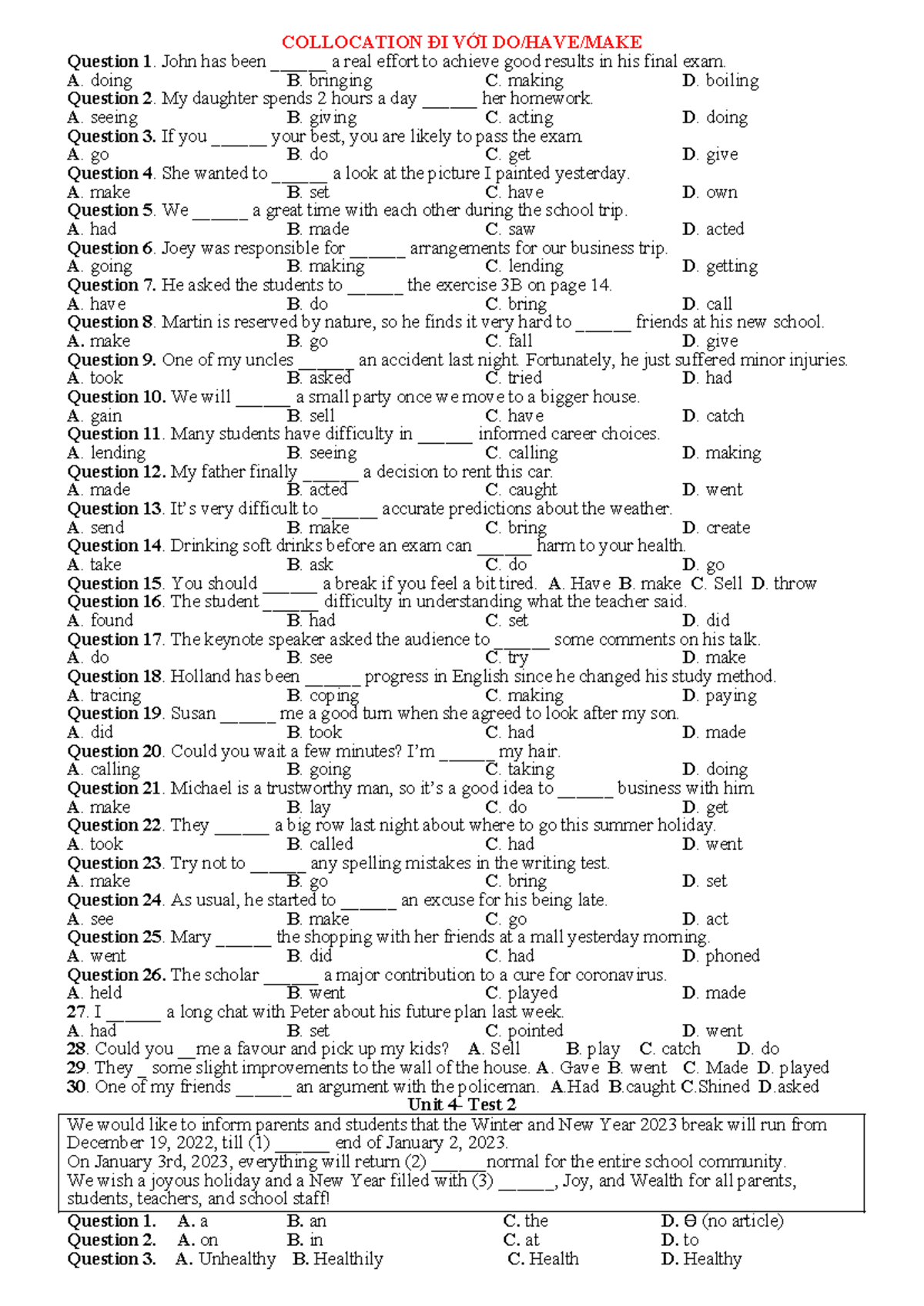 COLLOCATION DO-HAVE-MAKE: Practice Questions & Answers - Studocu