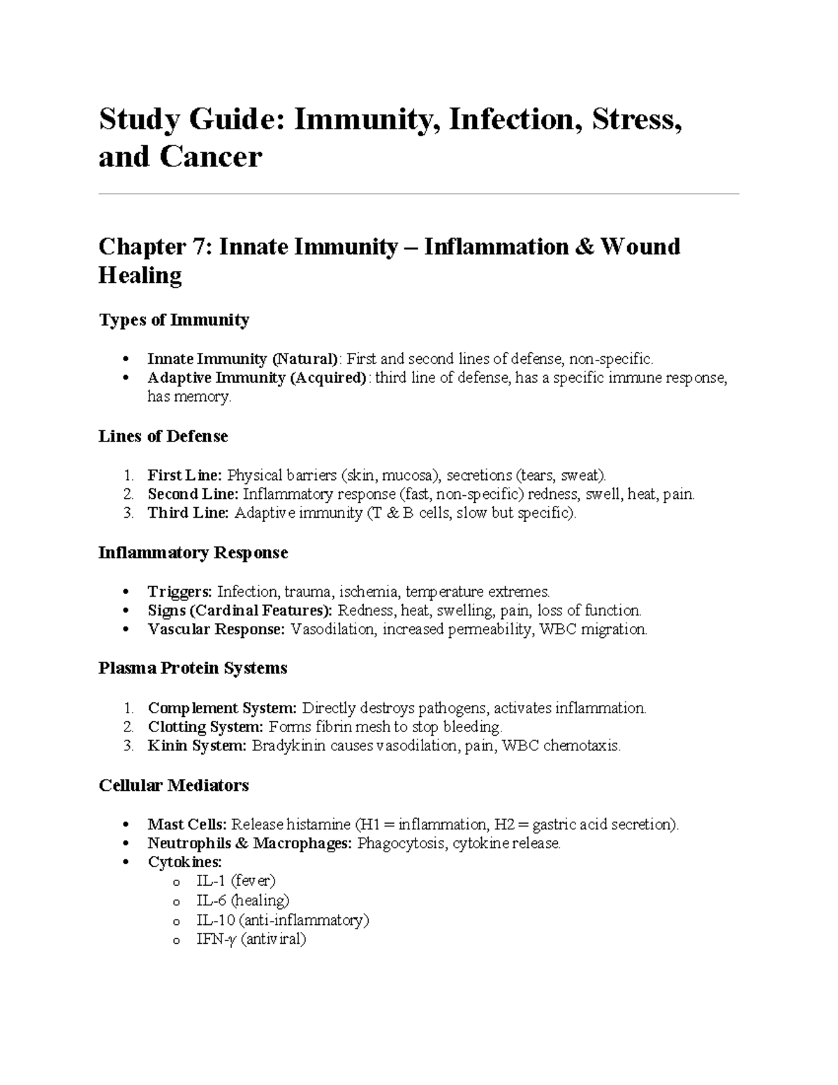 Study Guide quiz 1 - Study Guide: Immunity, Infection, Stress, and ...