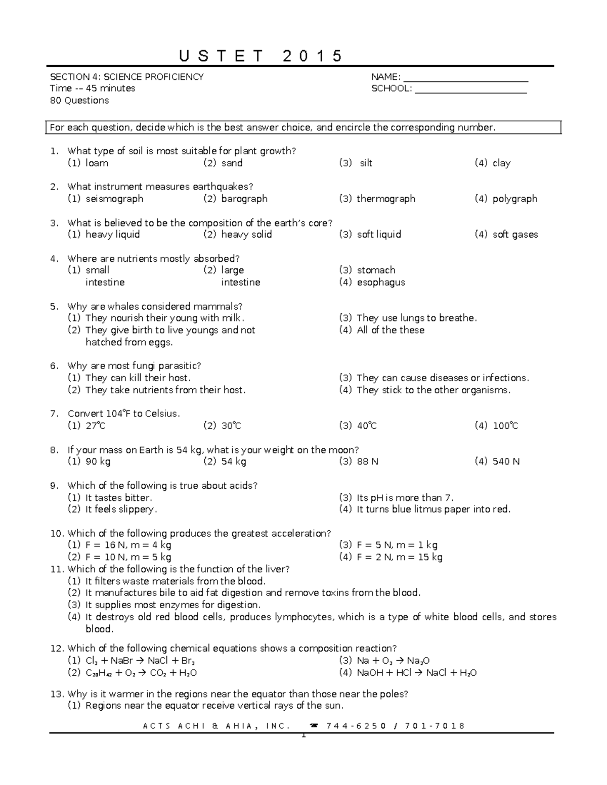 U S T E T 2 0 1 5 Science Proficiency Simulated Exam Section 4 - Studocu