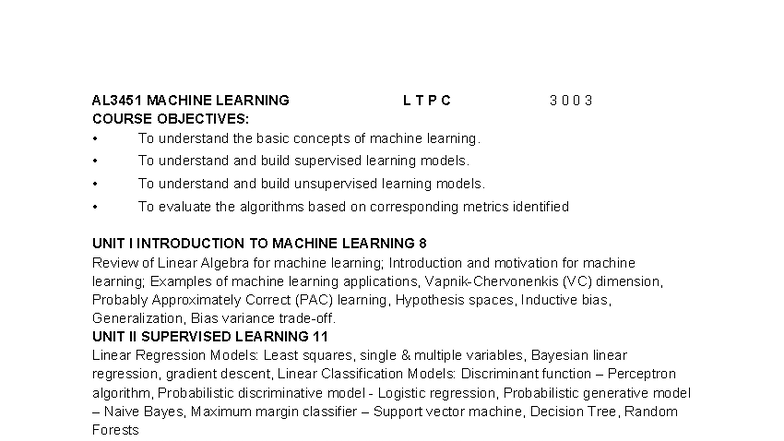 AL3451 Machine Learning Course Notes: Concepts & Models Overview - Studocu