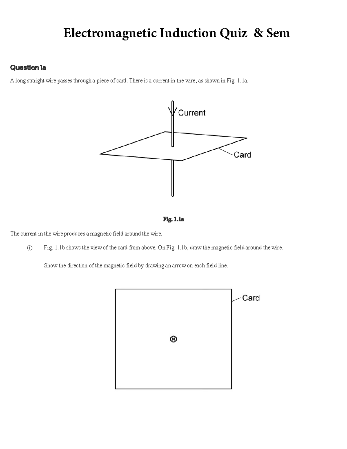 Magnetic Fields SQ Quiz & Sem - (i) Question 1 a A long straight wire ...