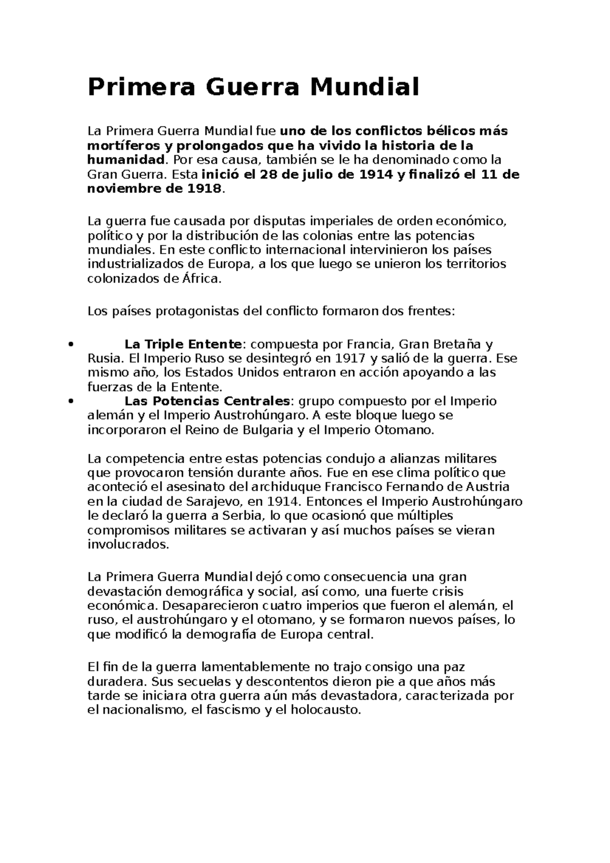 Resumen de la primera guerra mundial - Primera Guerra Mundial La Primera Guerra Mundial fue uno ...