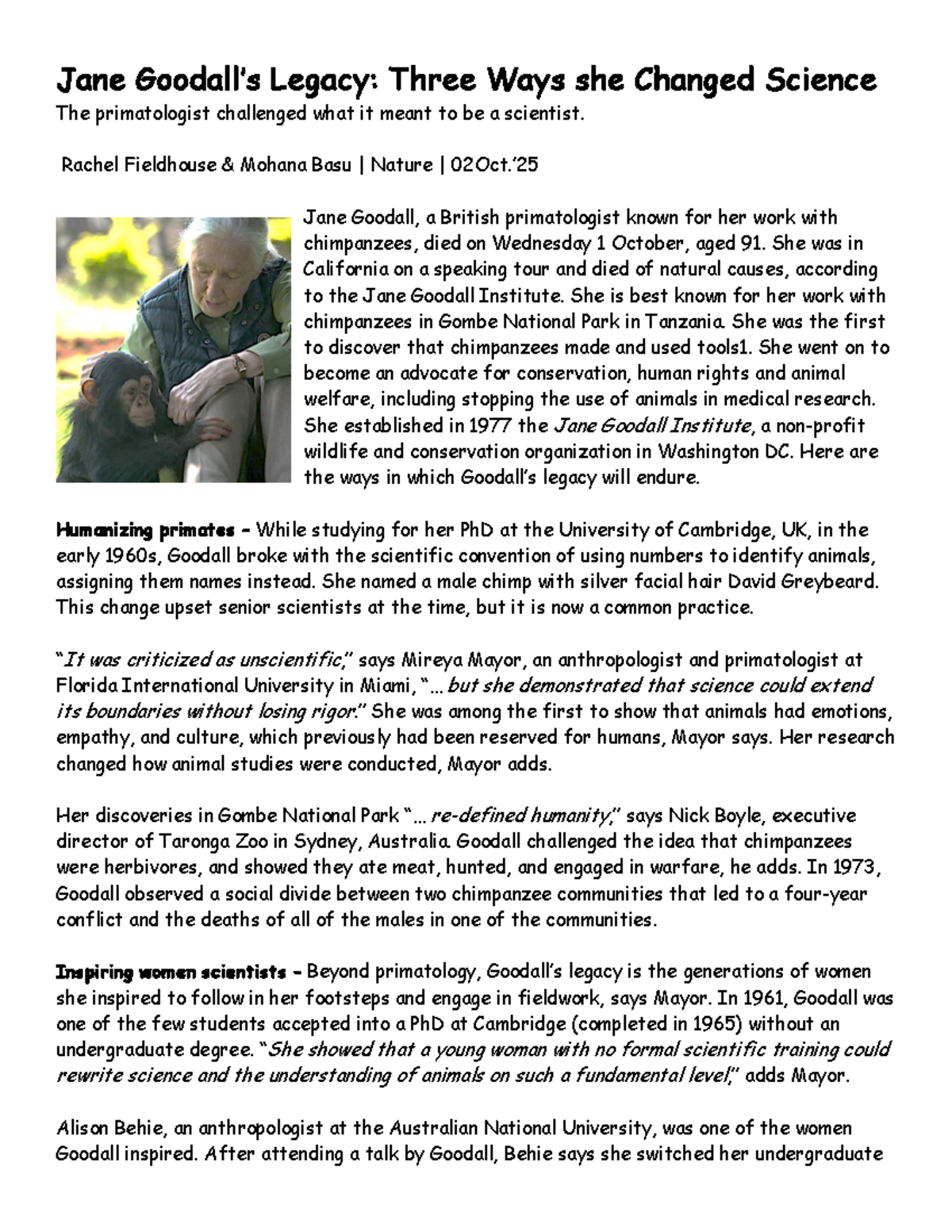Legacy of Jane Goodall: Impact on Science and Women in N25 - Studocu