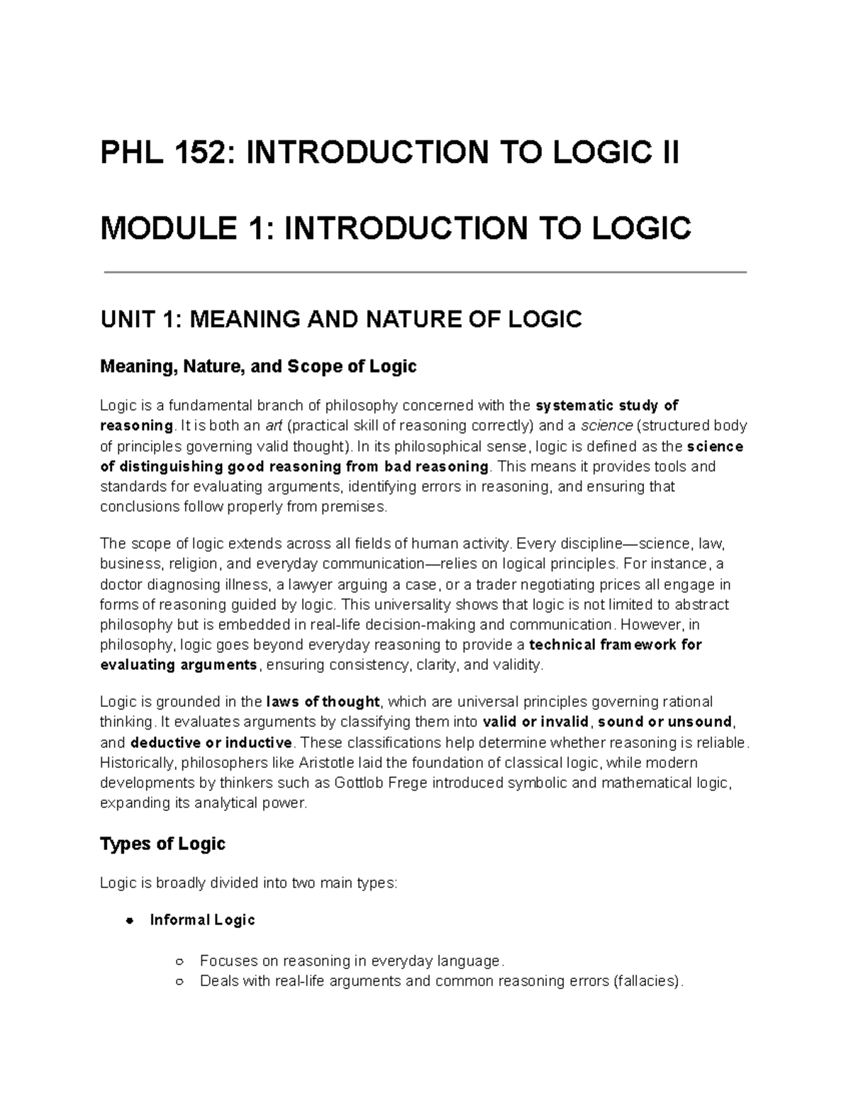 PHL 152: Intro to Logic II - Meaning, Nature, and Importance of Logic ...