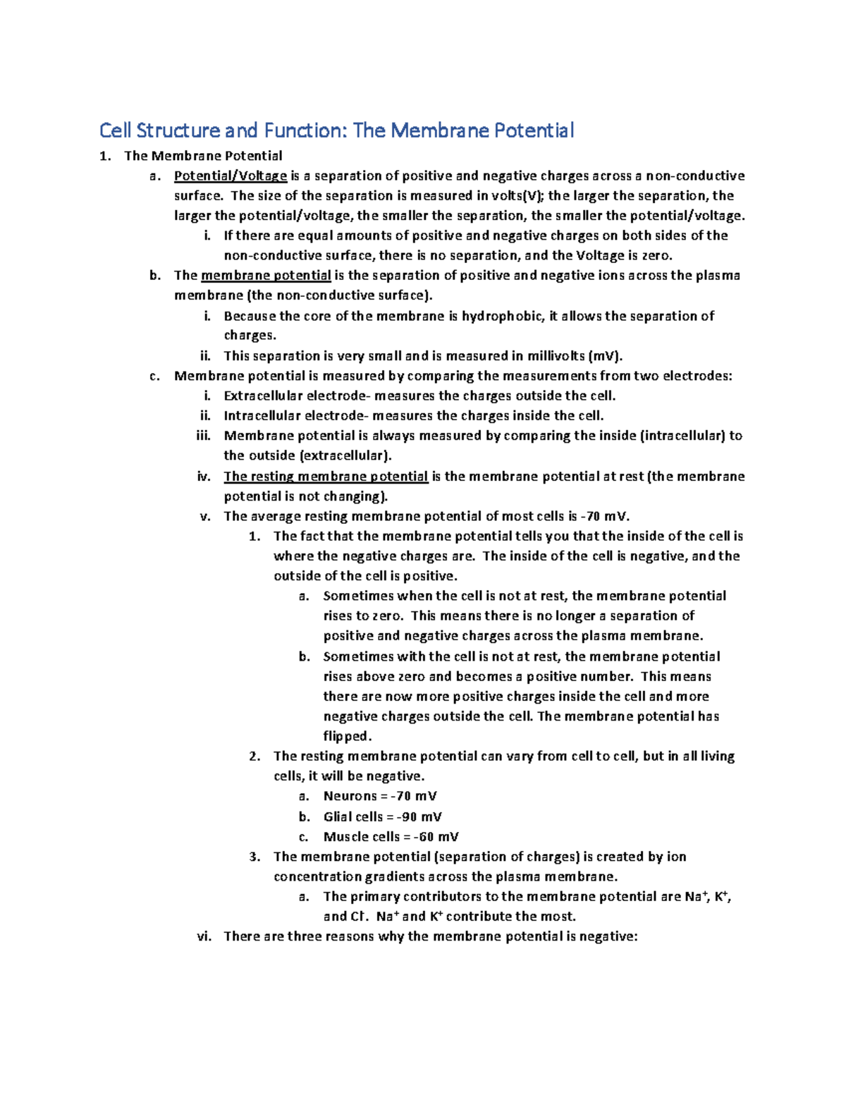 Cell Structure and Function: Membrane Potential Overview - Studocu