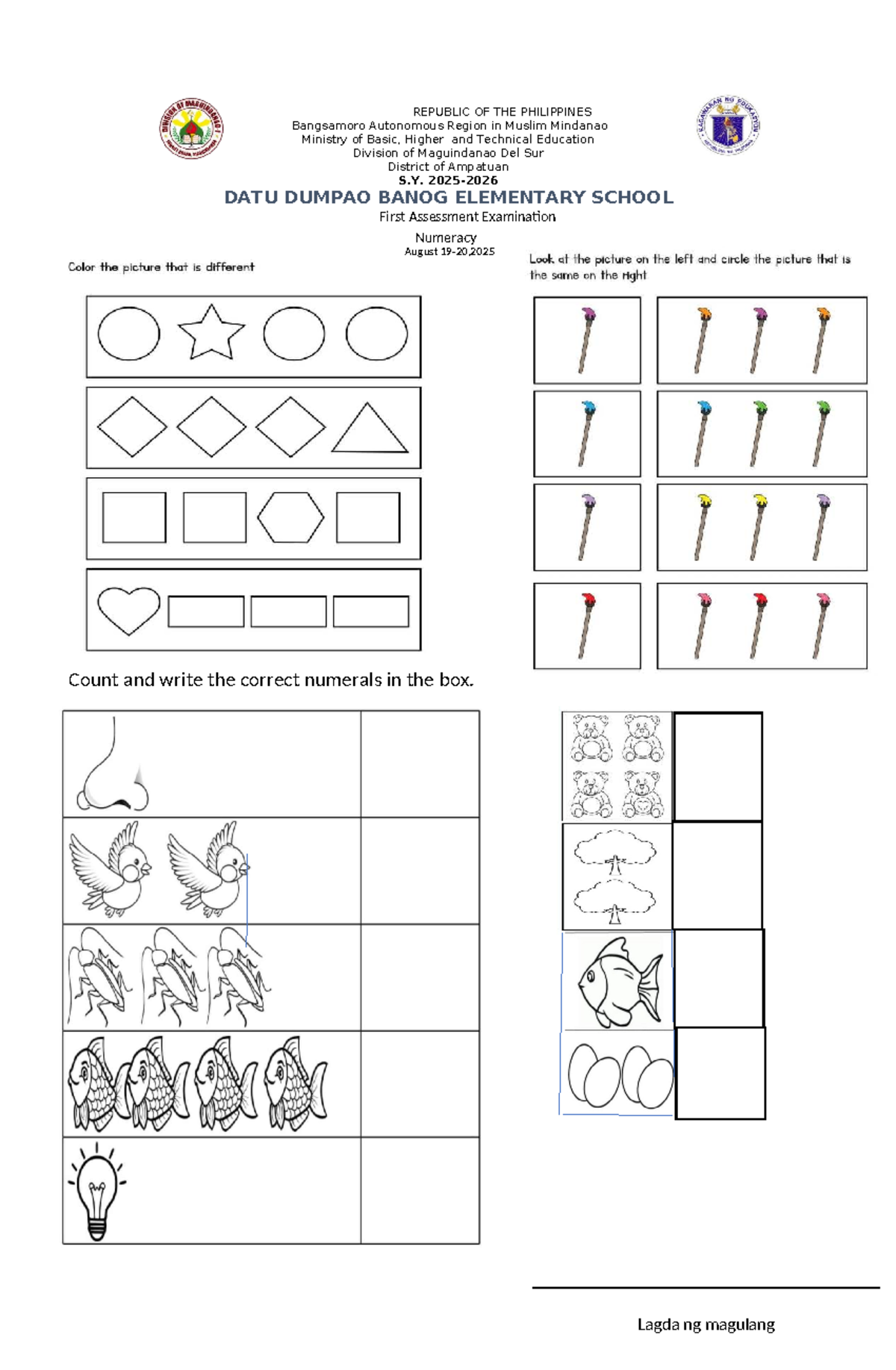 S.Y. First Assessment Exam - Numeracy & Filipino at Datu Dumpao Banog ...