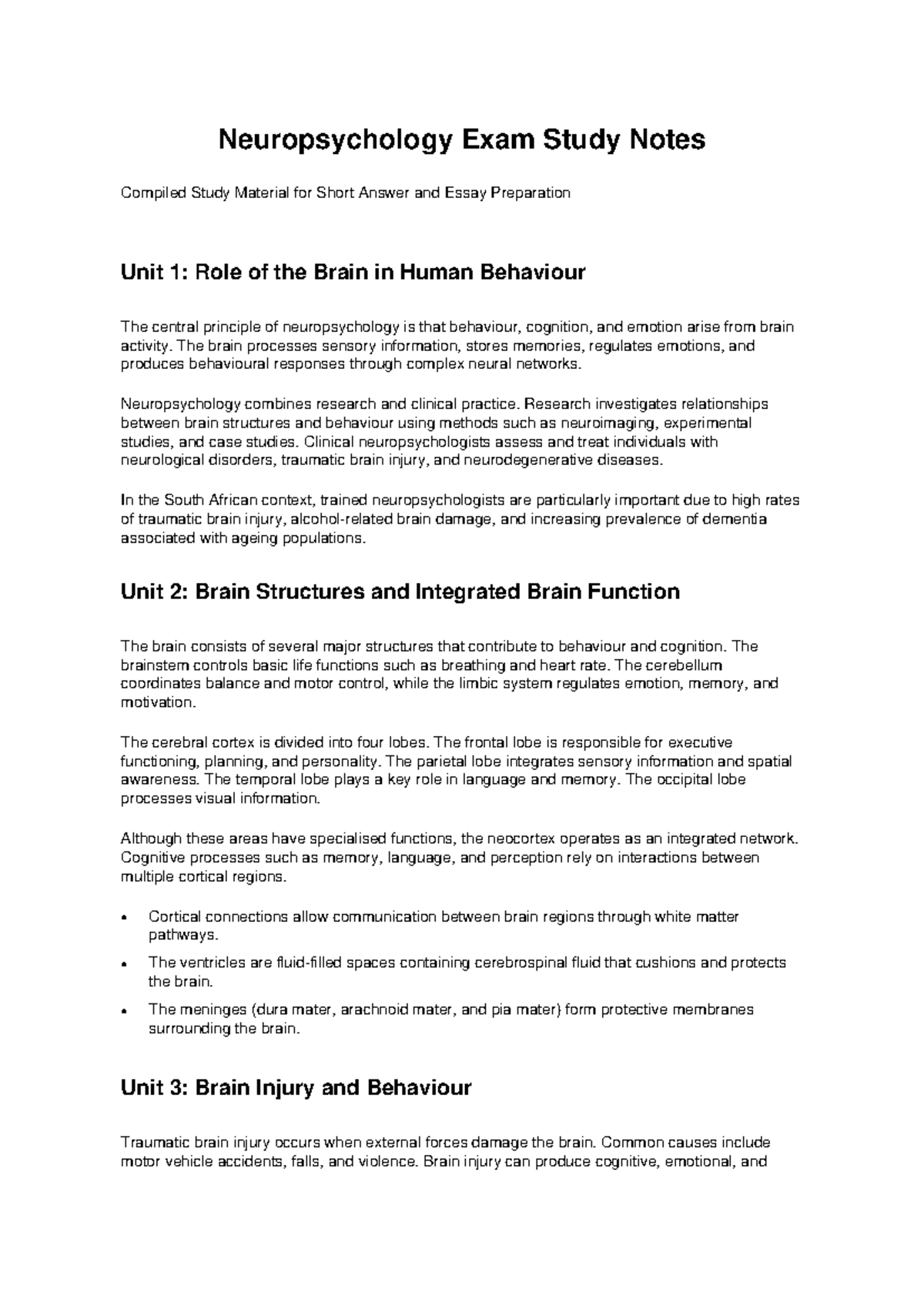 Neuropsychology Exam Study Notes (Unit 1-3): Brain Function & Injury ...